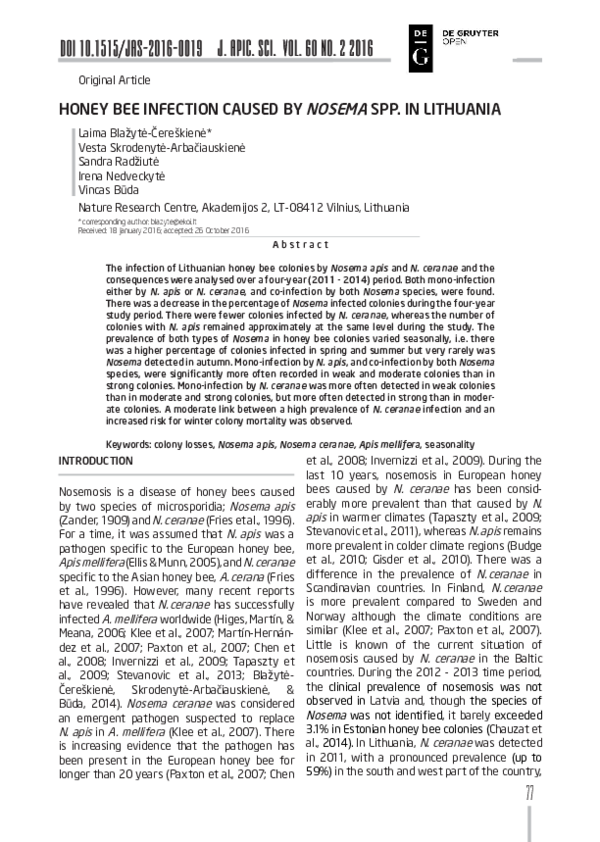 (PDF) Honey Bee Infection Caused by Nosema spp. in Lithuania