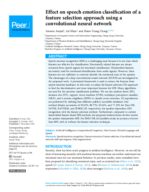Pdf Effect On Speech Emotion Classification Of A Feature Selection