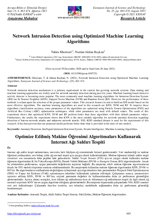Pdf Network Intrusion Detection Using Optimized Machine Learning Algorithms