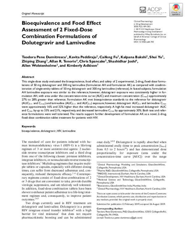 (PDF) Bioequivalence and Food Effect Assessment of 2 Fixed‐Dose Combination Formulations of ...