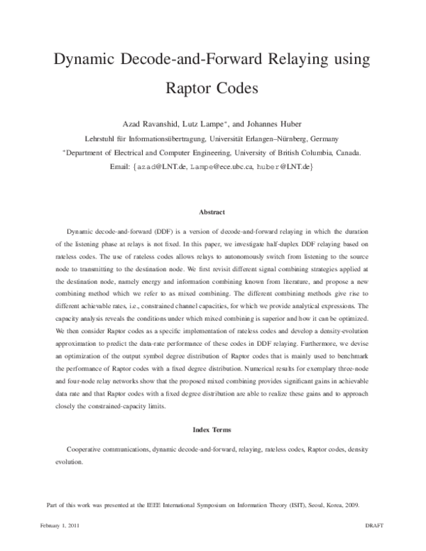 Pdf Dynamic Decode And Forward Relaying Using Raptor Codes Azad Ravanshid