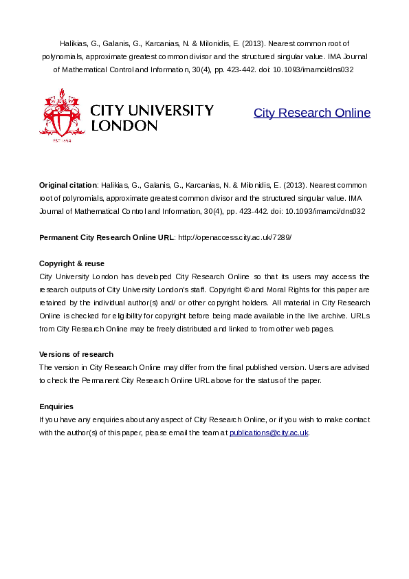 Pdf Nearest Common Root Of Polynomials Approximate Greatest Common Divisor And The Structured