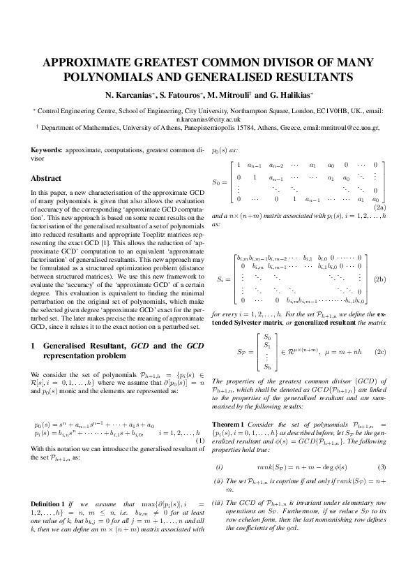 Pdf Approximate Greatest Common Divisor Of Many Polynomials Generalised Resultants And