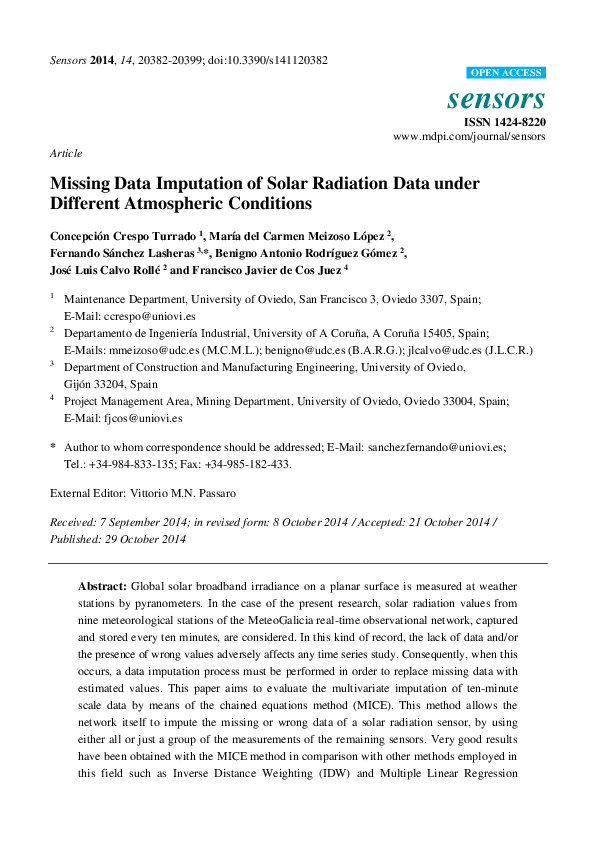 Pdf Missing Data Imputation Of Solar Radiation Data Under Different