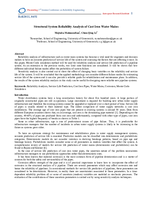 (PDF) Structural System Reliability Analysis of Cast Iron Water Mains