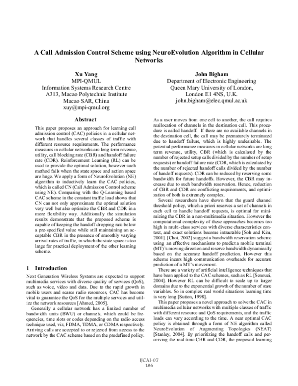 (PDF) A Call Admission Control Scheme Using NeuroEvolution Algorithm in Cellular Networks