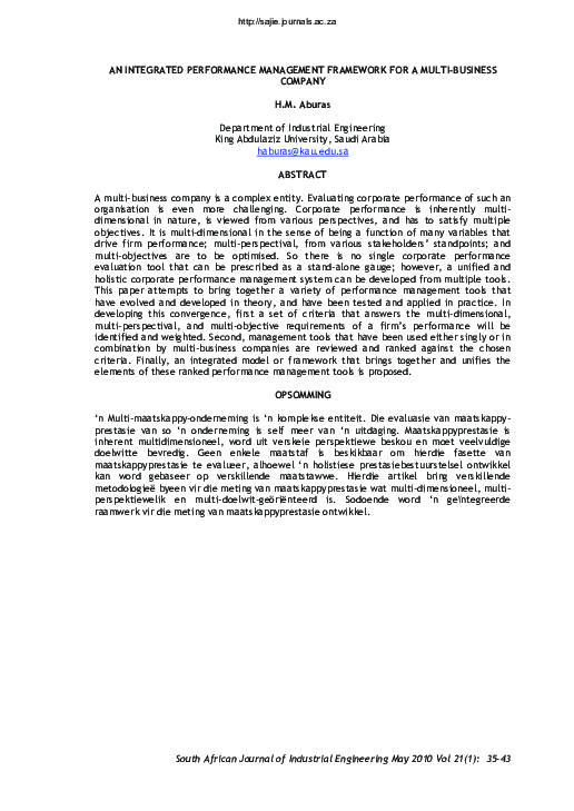 (PDF) An Integrated Performance Management Framework for a Multi ...