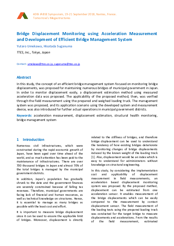 (PDF) Bridge Displacement Monitoring using Acceleration Measurement and Development of Efficient ...