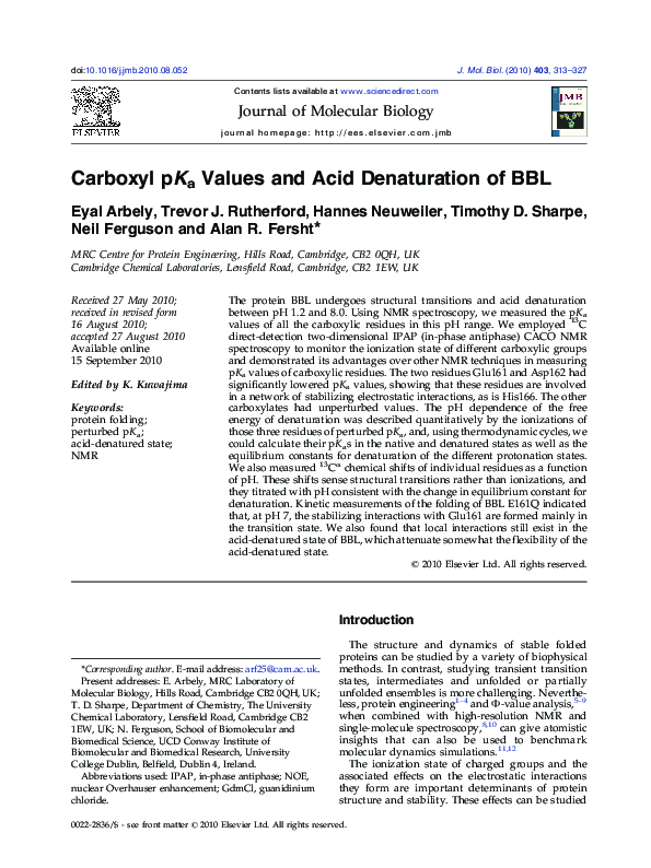 (PDF) Carboxyl pKa Values and Acid Denaturation of BBL | Hannes ...
