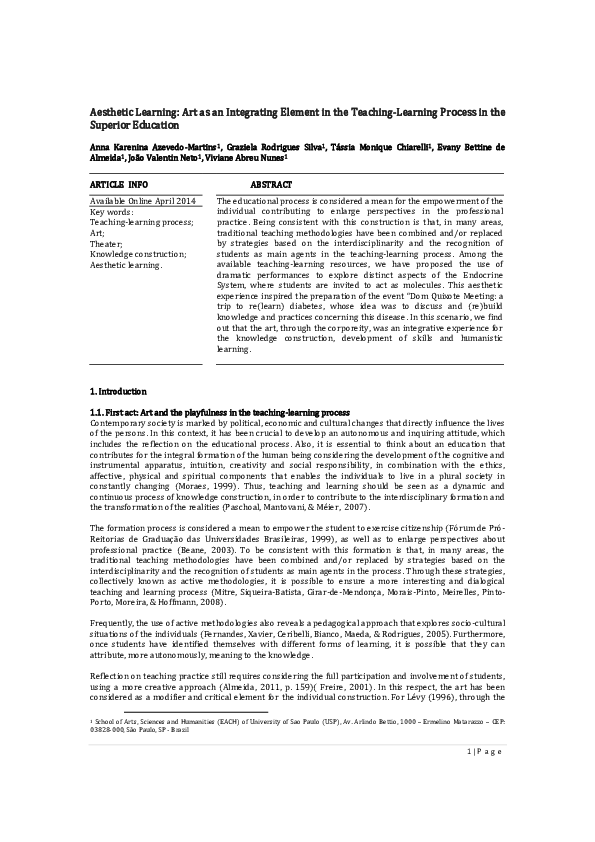 (PDF) Aesthetic Learning: Art as an Integrating Element in the Teaching-Learning Process in the ...