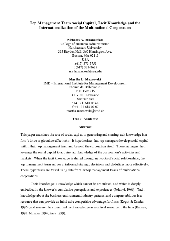 (PDF) Top management team social capital, tacit knowledge and the internationalisation of the ...