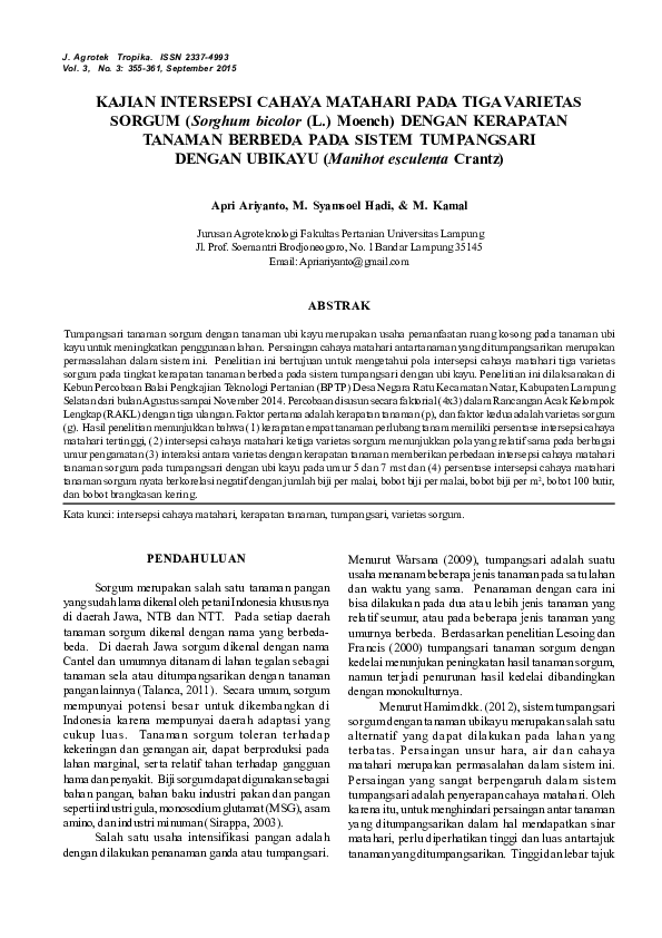 (PDF) KAJIAN INTERSEPSI CAHAYA MATAHARI PADA TIGA VARIETAS SORGUM ...