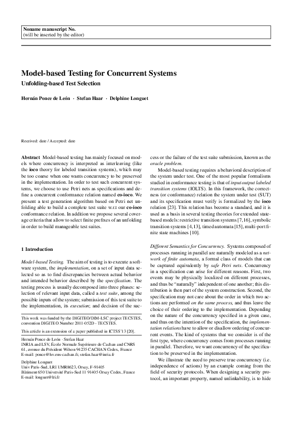 Pdf Model Based Testing For Concurrent Systems Unfolding Based Test Selection