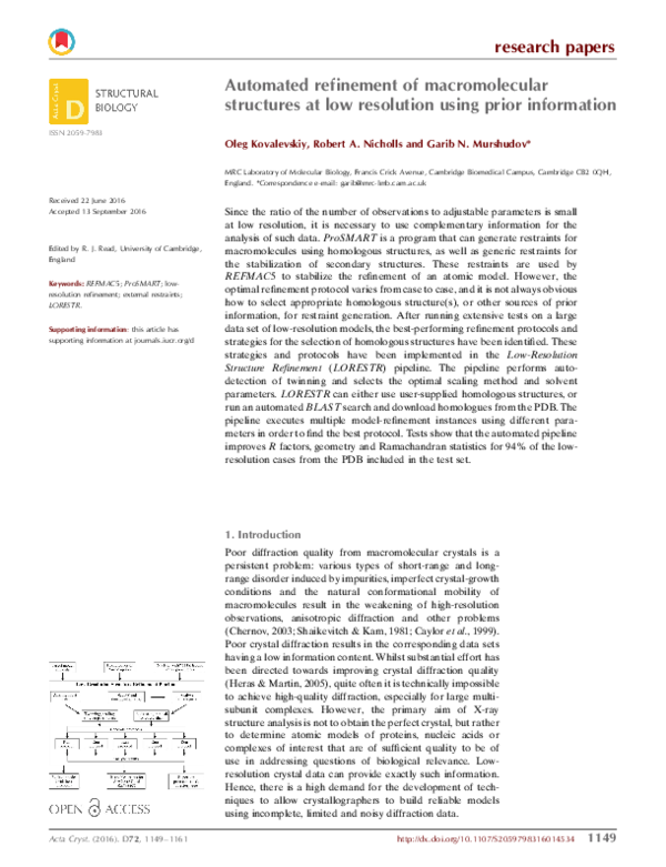Pdf Automated Refinement Of Macromolecular Structures At Low Resolution Using Prior
