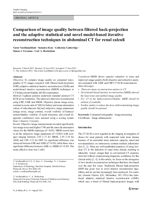 Pdf Image Quality In Ct For Renal Calculi Mbir Vs Asir Vs Fbp