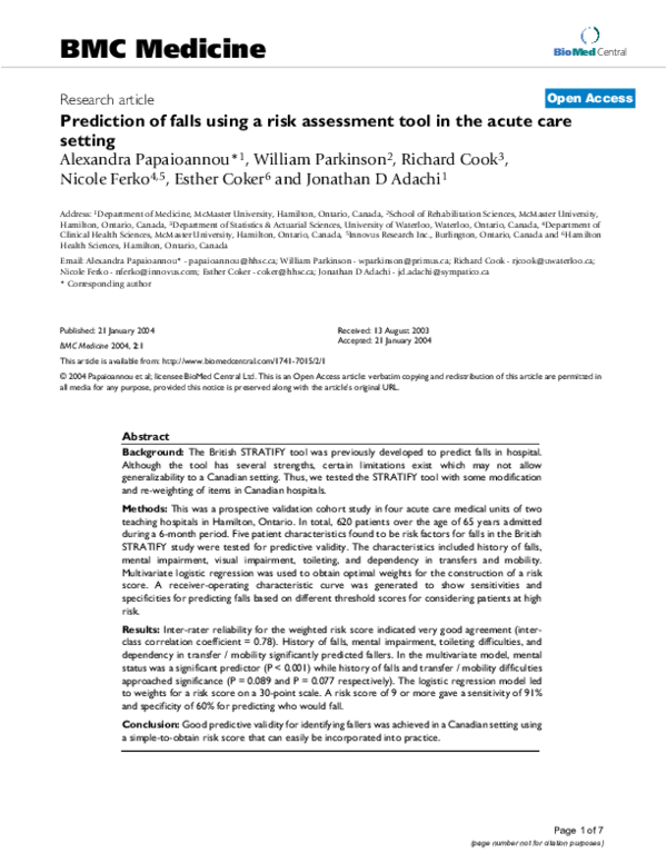 (PDF) Prediction of Falls Using a Risk Assessment Tool In the Acute ...