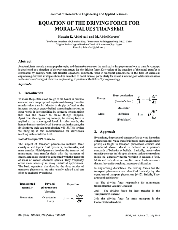 (PDF) Equation Ofthe Driving Force Formoral-Values Transfer | Hussein K ...