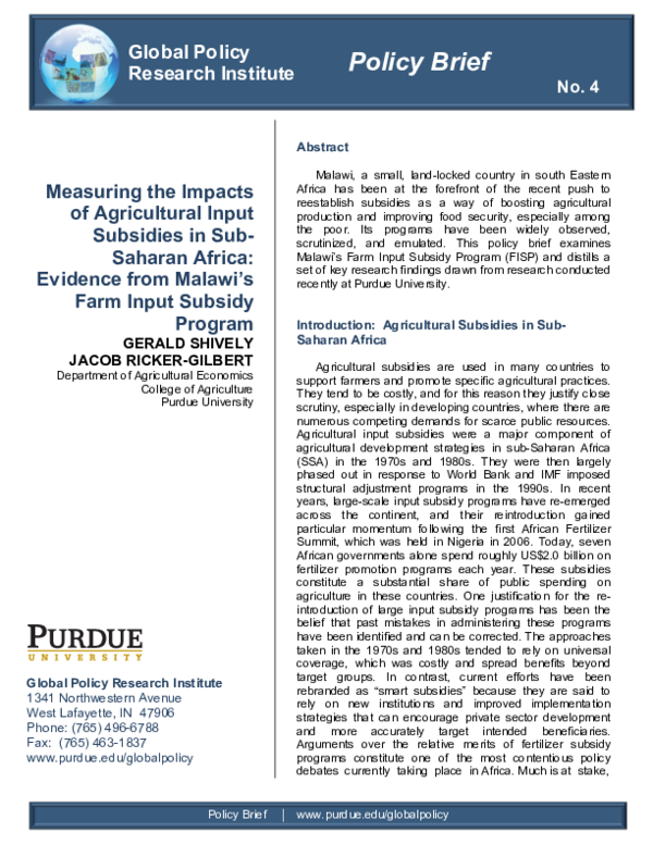 (PDF) Measuring the Impacts of Agricultural Input Subsidies in Sub ...