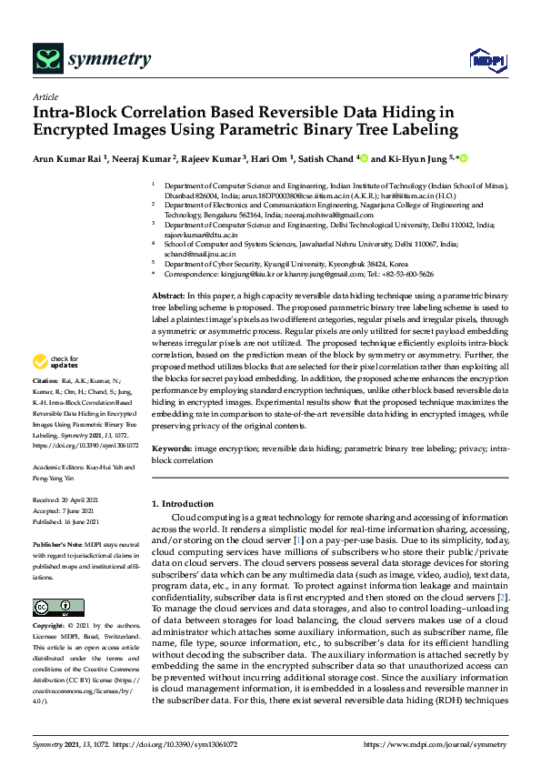 (PDF) Intra-Block Correlation Based Reversible Data Hiding in Encrypted Images Using Parametric ...