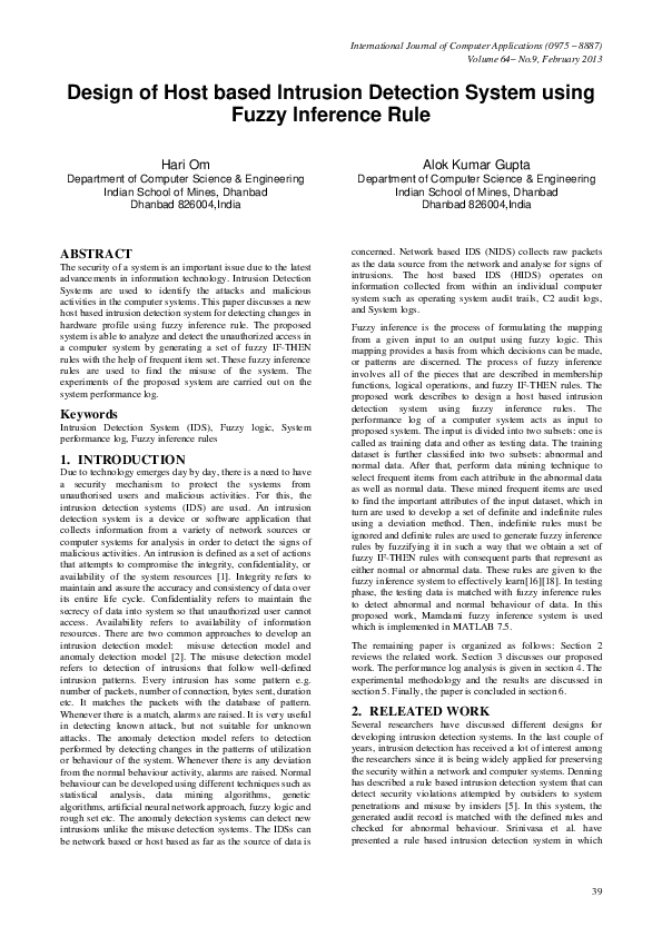 (PDF) Design of Host based Intrusion Detection System using Fuzzy ...