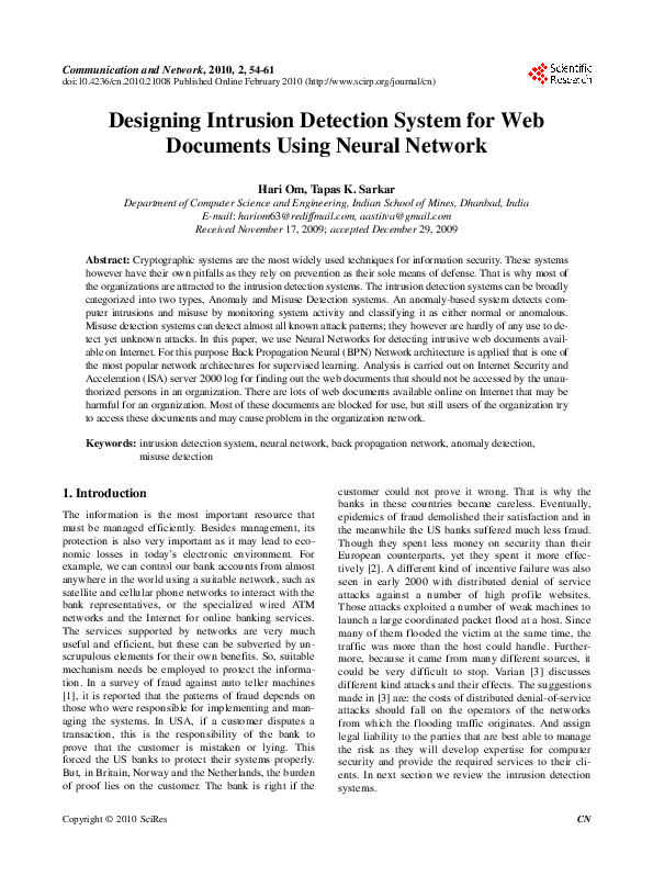 Pdf Designing Intrusion Detection System For Web Documents Using Neural Network