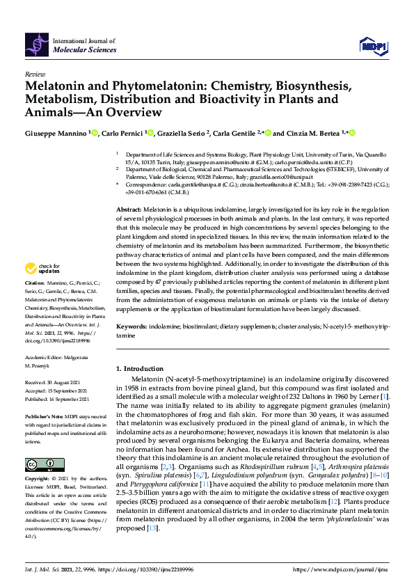 (PDF) Melatonin and Phytomelatonin: Chemistry, Biosynthesis, Metabolism ...