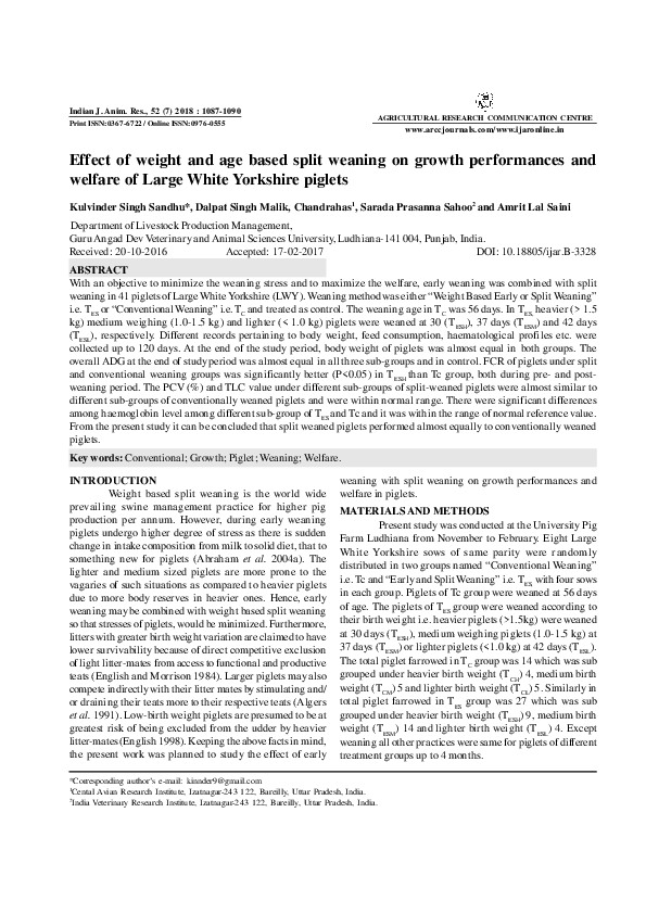 (PDF) Effect of weight and age based split weaning on growth ...