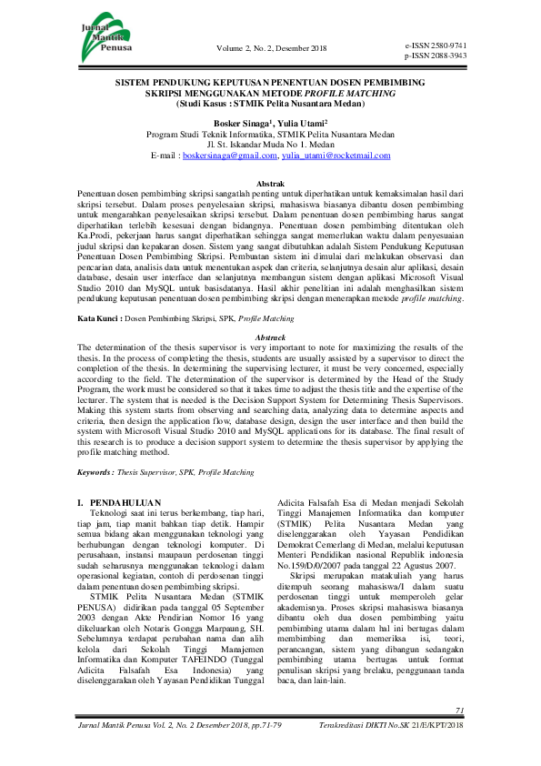 (PDF) Sistem Pendukung Keputusan Penentuan Dosen Pembimbing Skripsi Menggunakan Metode Profile ...