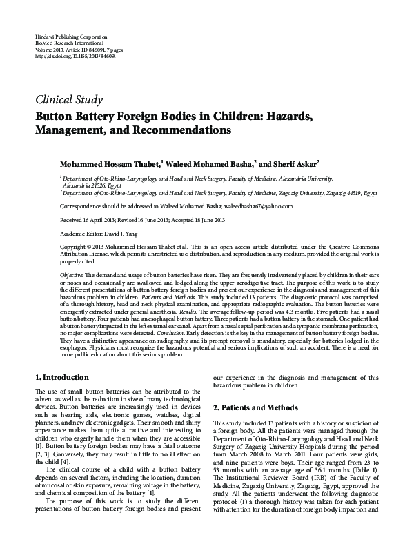 (PDF) Button battery foreign bodies in children: hazards, management ...
