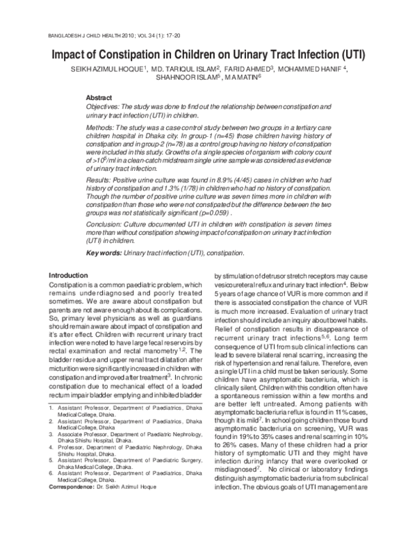 (PDF) Impact of Constipation in Children on Urinary Tract Infection (UTI)