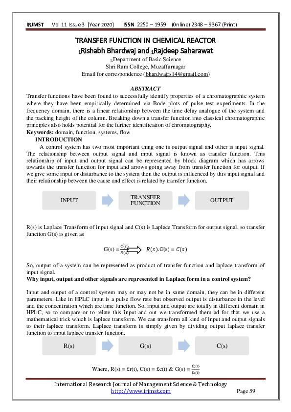 (PDF) TRANSFER FUNCTION IN CHEMICAL REACTOR