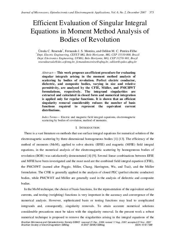 (PDF) Efficient Evaluation of Singular Integral Equations in Moment Method Analysis of Bodies of ...