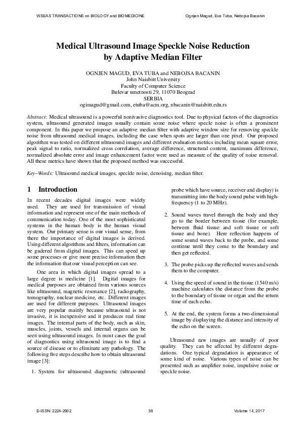 Pdf Medical Ultrasound Image Speckle Noise Reduction By Adaptive