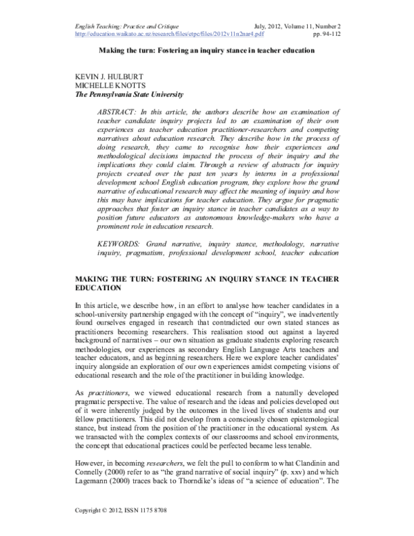(PDF) Making the turn: Fostering an inquiry stance in teacher education