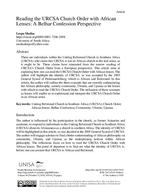 (PDF) Reading the URCSA Church Order with African Lenses: A Belhar ...