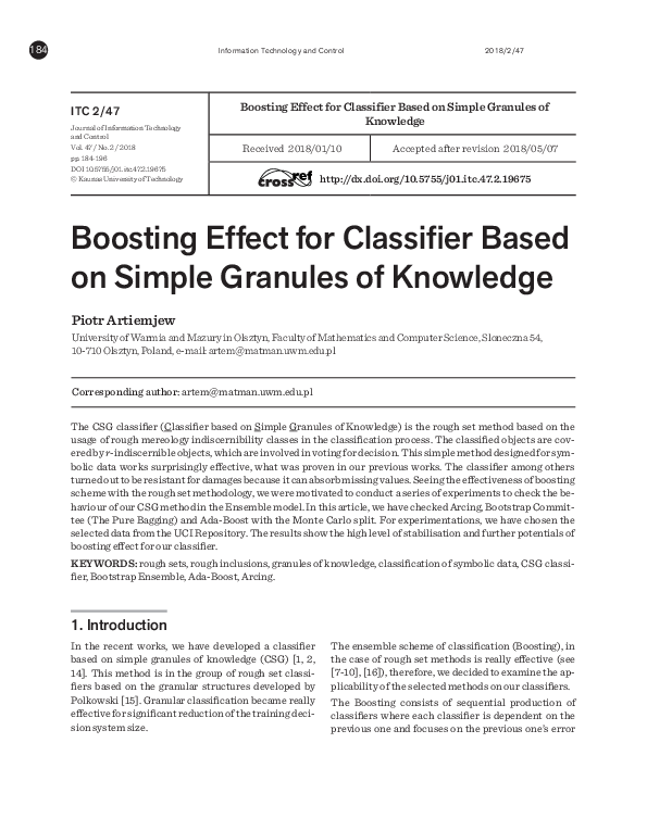 (PDF) Boosting Effect of Classifier Based on Simple Granules of Knowledge*