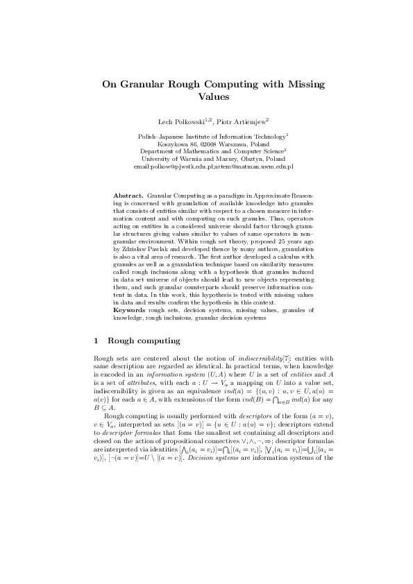 (PDF) On Granular Rough Computing with Missing Values