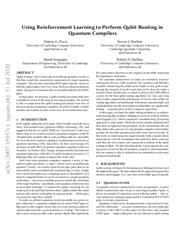 (PDF) Using Reinforcement Learning to Perform Qubit Routing in Quantum Compilers