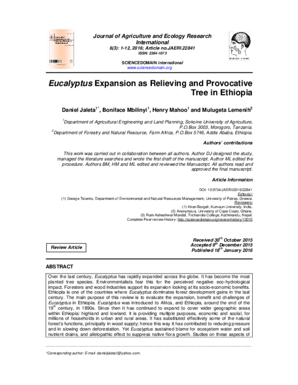 (PDF) Eucalyptus Expansion as Relieving and Provocative Tree in Ethiopia