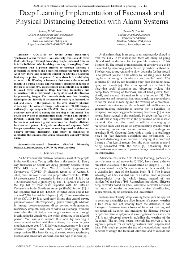 (PDF) Deep Learning Implementation of Facemask and Physical Distancing Detection with Alarm Systems