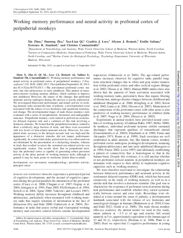 Pdf Working Memory Performance And Neural Activity In Prefrontal