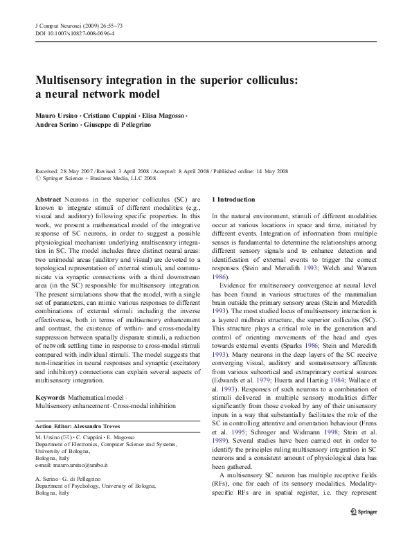 (PDF) Multisensory integration in the superior colliculus: a neural network model