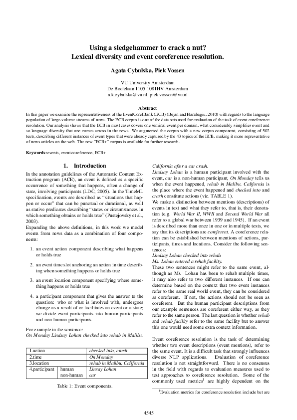 Pdf Using A Sledgehammer To Crack A Nut Lexical Diversity And Event Coreference Resolution