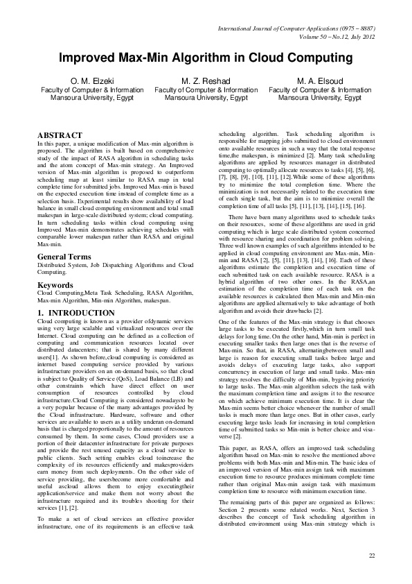 Pdf Improved Max Min Algorithm In Cloud Computing