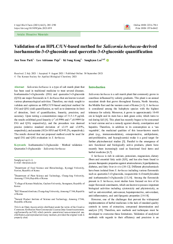 (PDF) Validation of an HPLC/UV-based method for Salicornia herbacea-derived isorhamnetin-3-O ...