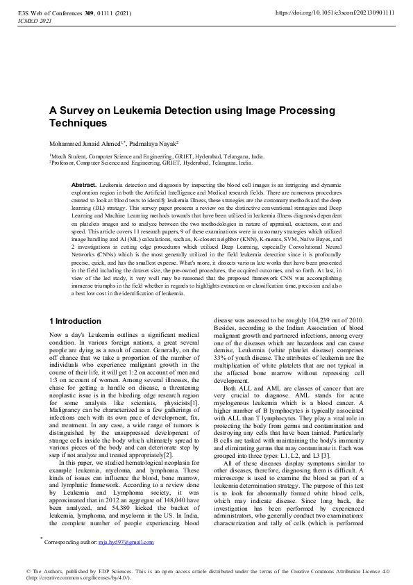 (PDF) A Survey on Leukemia Detection using Image Processing Techniques
