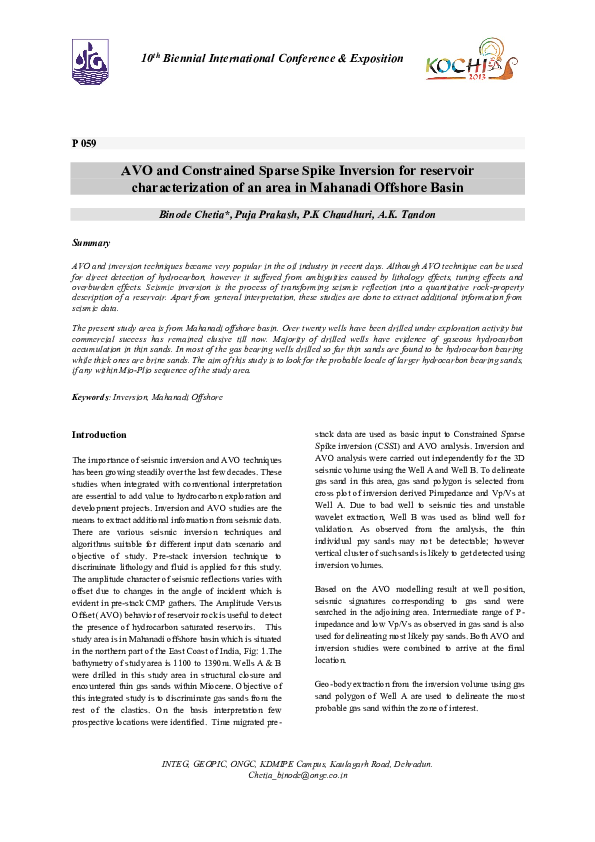 Pdf Avo And Constrained Sparse Spike Inversion For Reservoir
