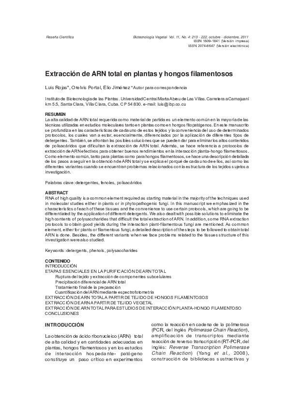 (PDF) Extracción de ARN total en plantas y hongos filamentosos