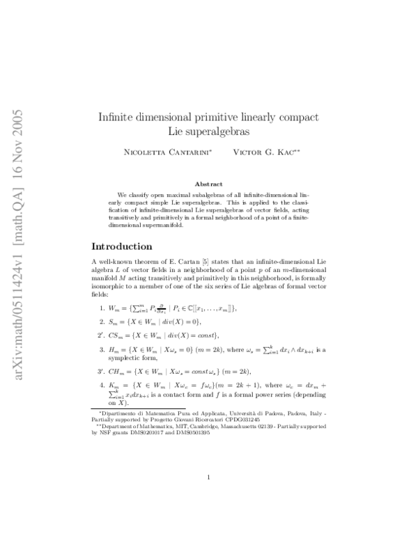 (PDF) Infinite-dimensional primitive linearly compact Lie superalgebras
