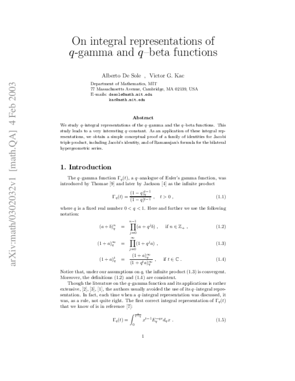Pdf On Integral Representations Of Q Gamma And Q Beta Functions